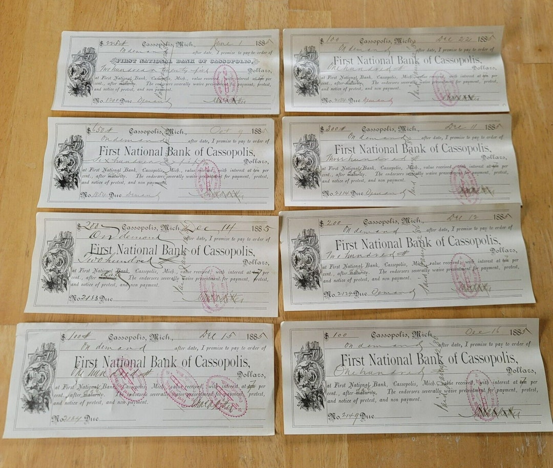 Antique Bank Paper 1885 Promissory Notes First Nat'l Bank Cassopolis MI ...