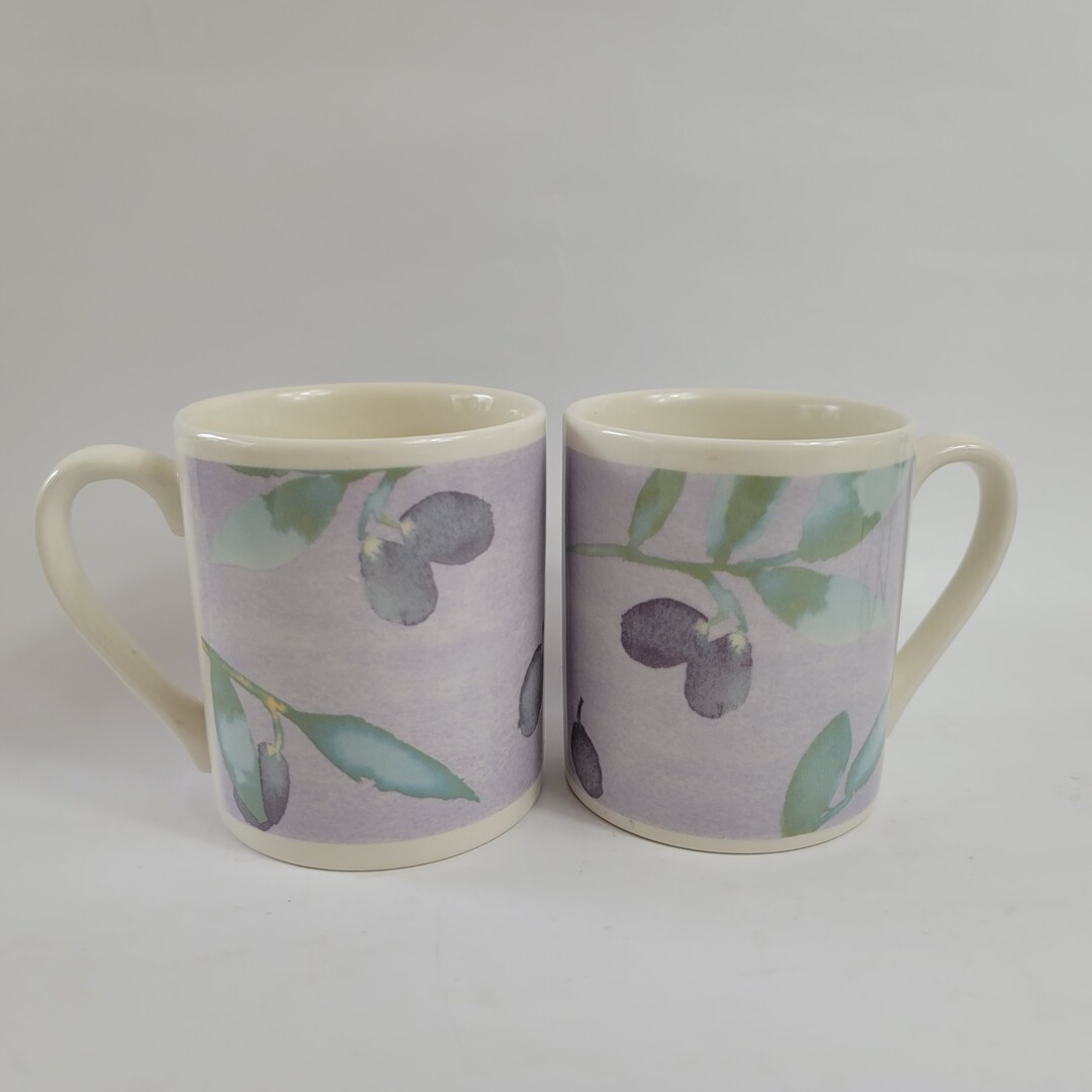 TWO Pier 1 Olive Mist Mugs Cups Ivory Purple Rim With Black Olives - Etsy