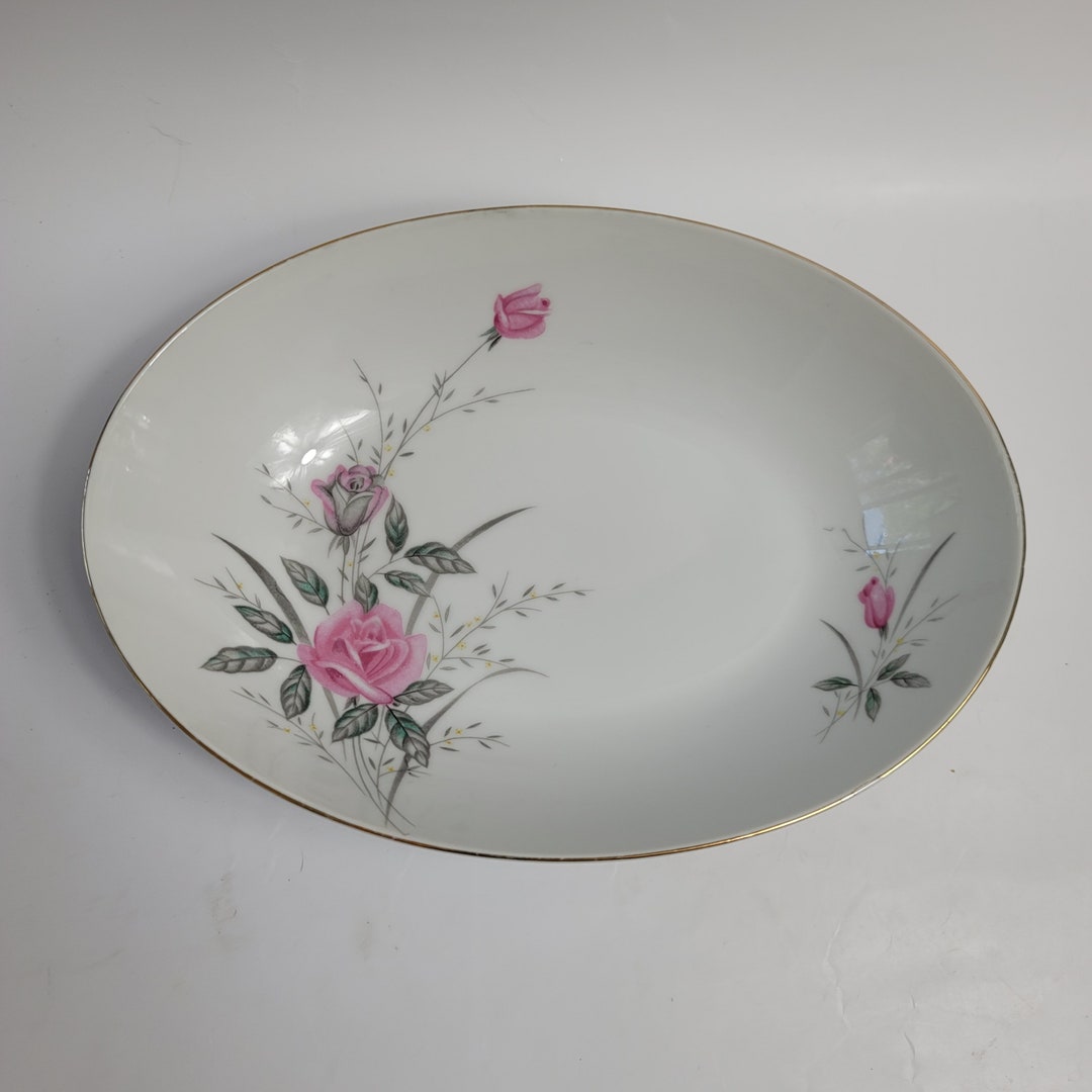 Fine China of Japan Golden Rose Oval Serving Bowl Pink Roses Gray ...