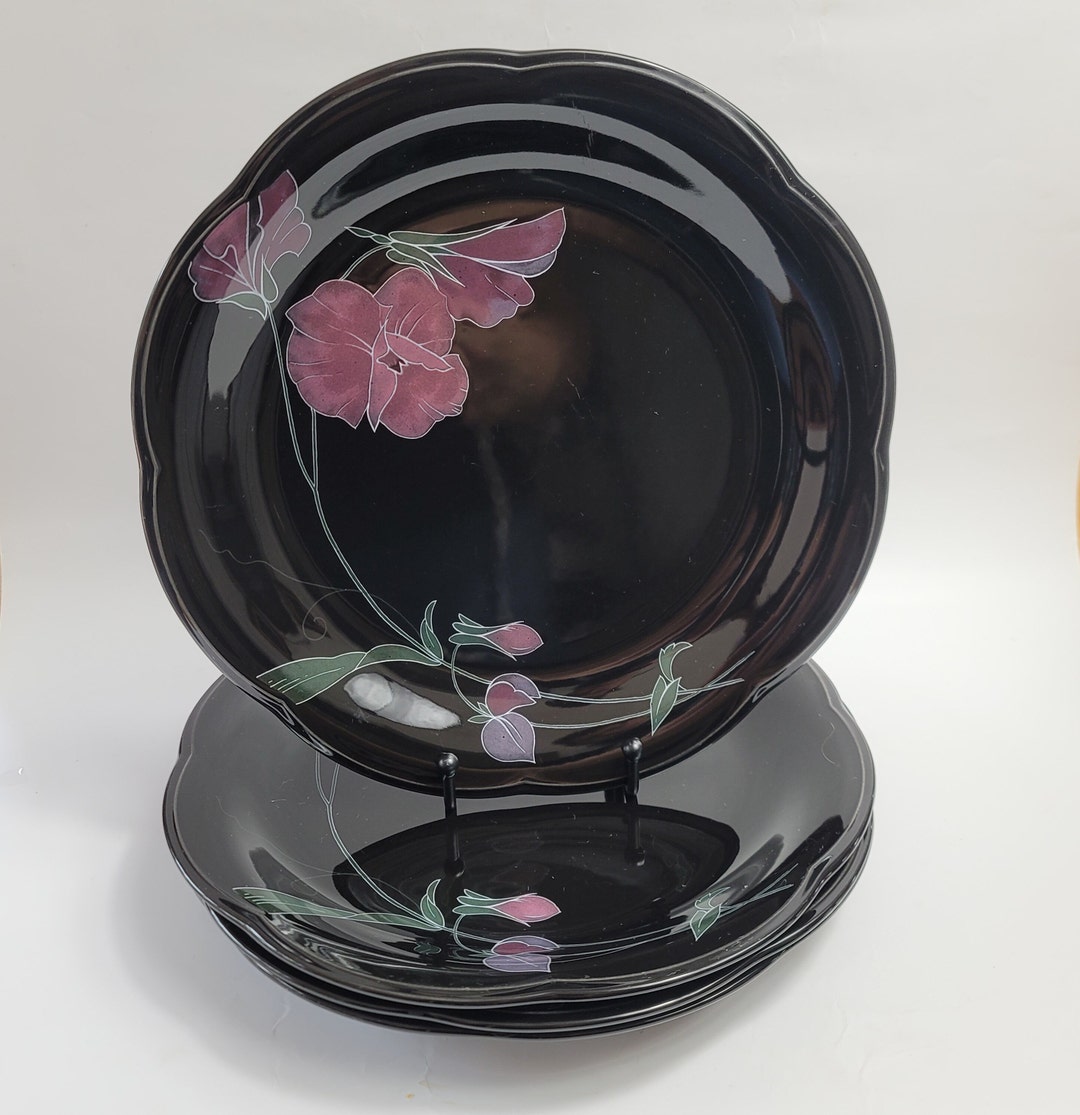 FOUR Mikasa Tango Dinner Plates Black With Lavender Flowers - Etsy