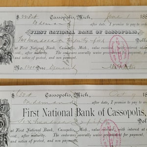 Antique Bank Paper 1885 Promissory Notes First Nat'l Bank Cassopolis MI ...