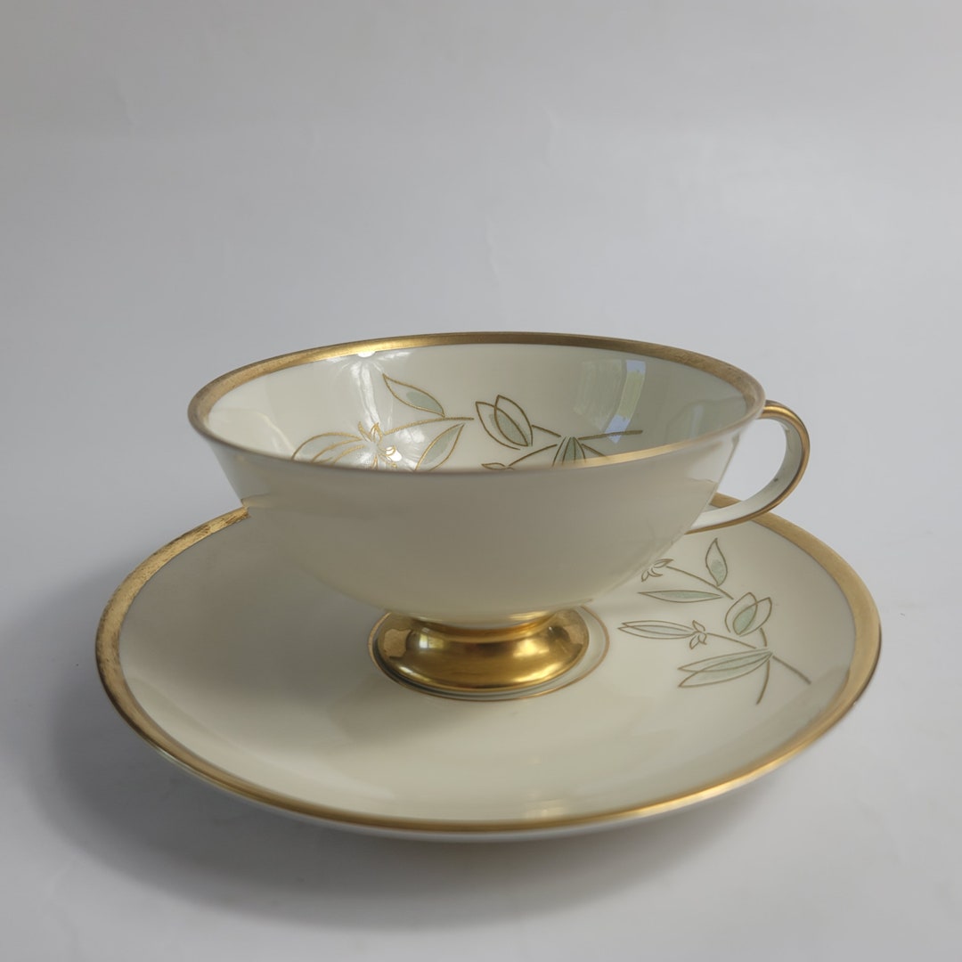 Furstenberg Tea Cup and Saucer Set Ivory With Gray Flowers Heavy Gold ...