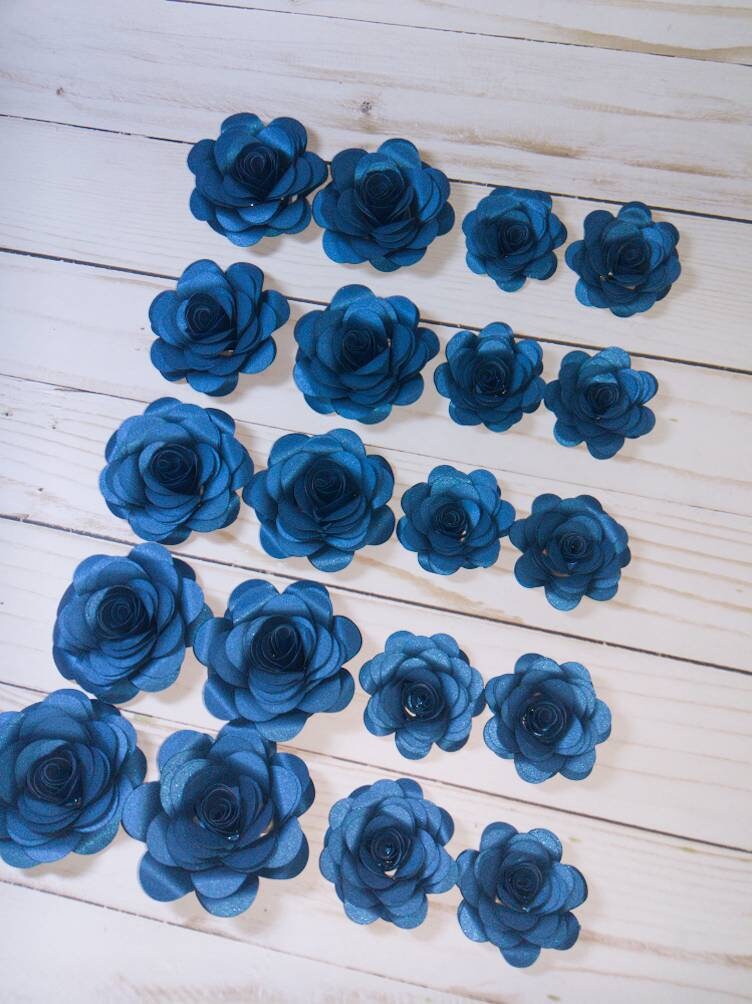 Metallic Blue Navy Small Paper Flowers Rosettes Paper Roses | Etsy