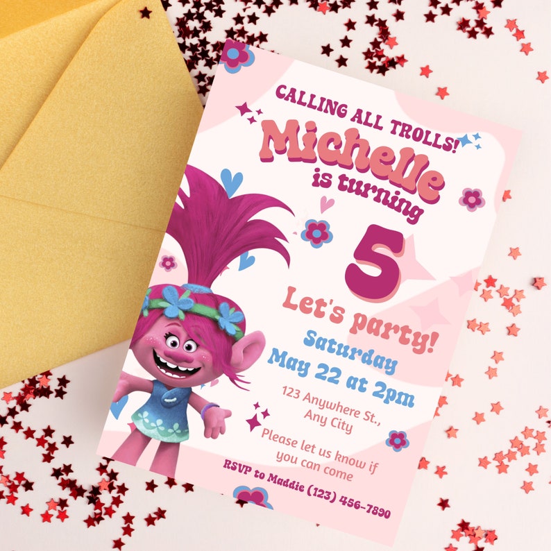 Trolls & Poppy Printable Birthday Invitation, Digital Invite and Evite ...