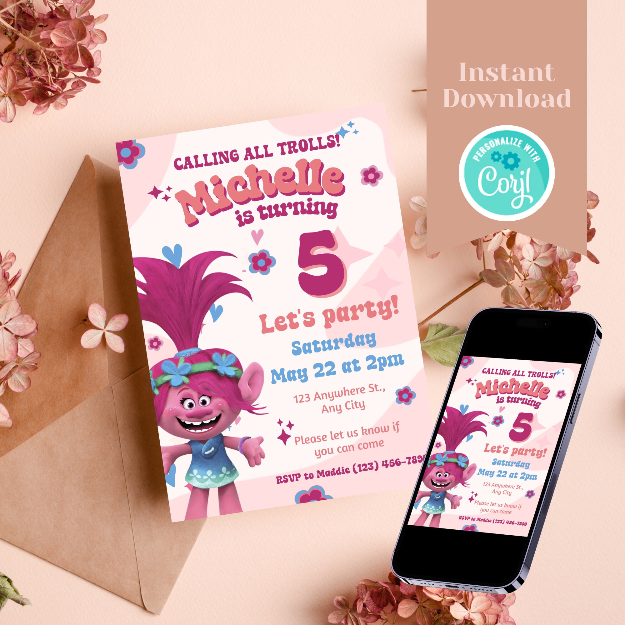 Trolls & Poppy Printable Birthday Invitation, Digital Invite and Evite ...