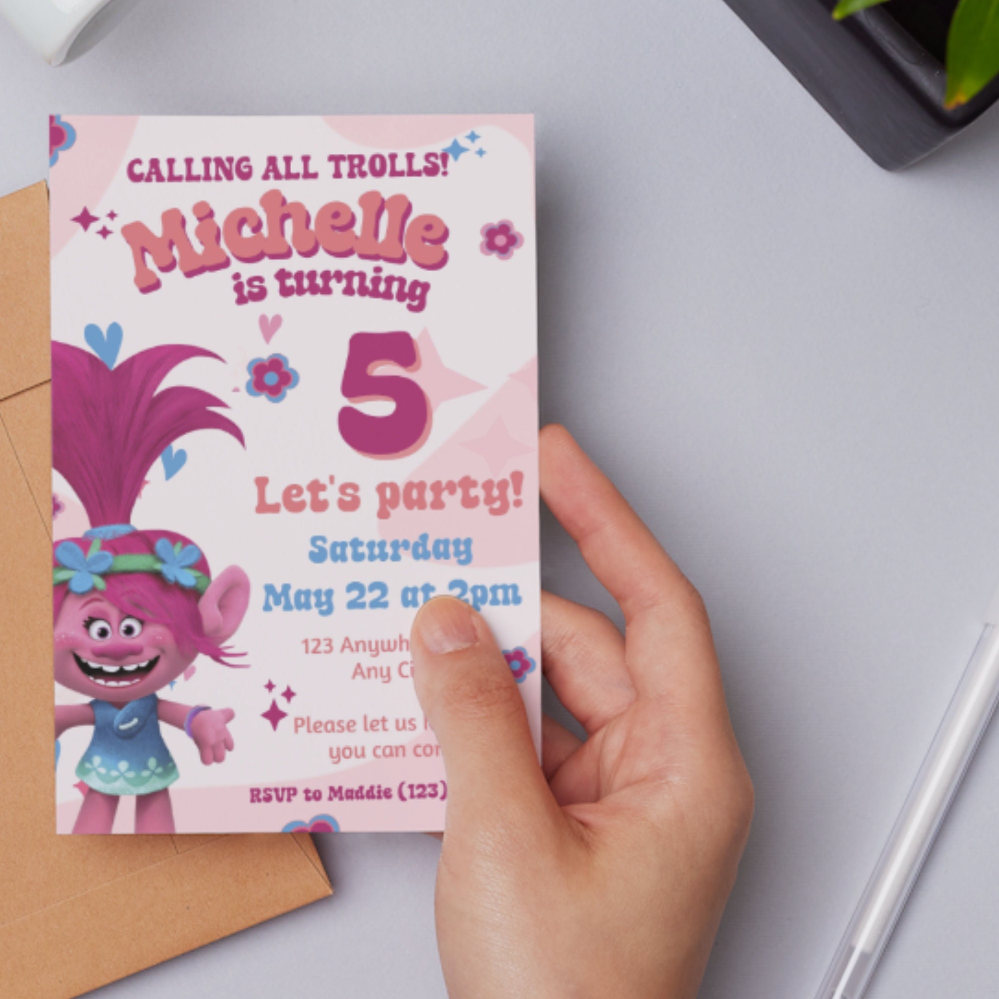 Printable Trolls Birthday Invitation Editable Poppy Invite Digital ...