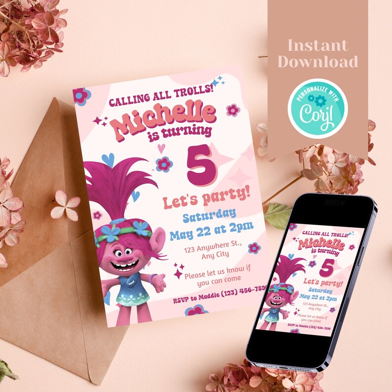 Trolls Birthday Invitation Editable Poppy Invite Printable Digital ...
