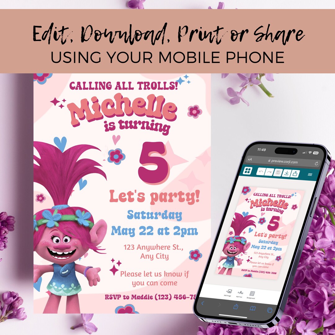 Trolls & Poppy Printable Birthday Invitation, Digital Invite and Evite ...