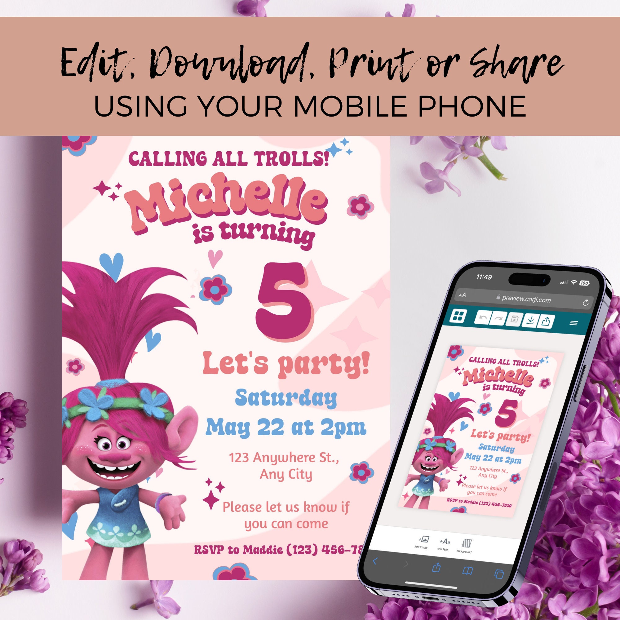 Trolls Birthday Invitation Editable Poppy Invite Printable Digital ...