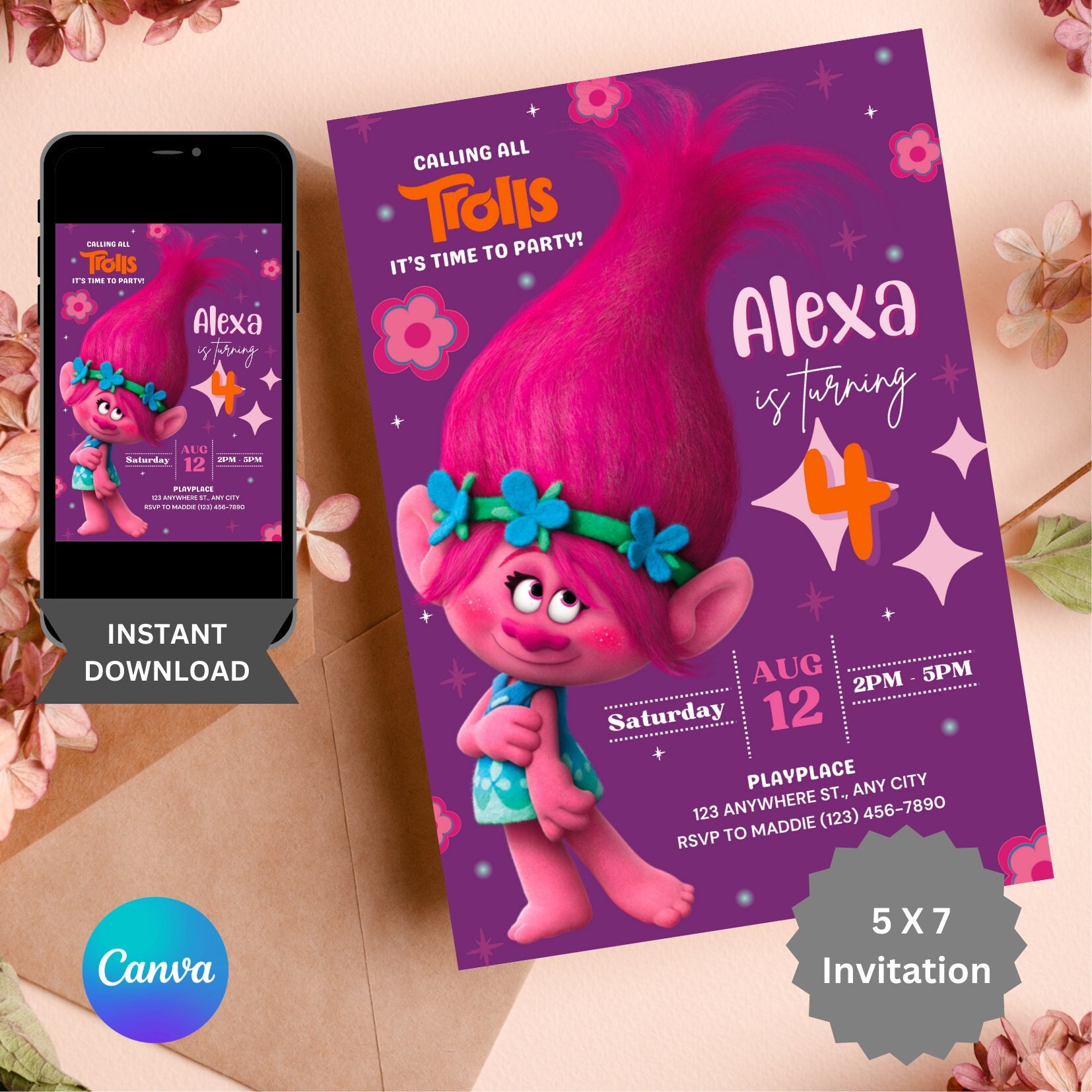 Editable Poppy Trolls Invite & Thank You Printable Birthday Invitation ...