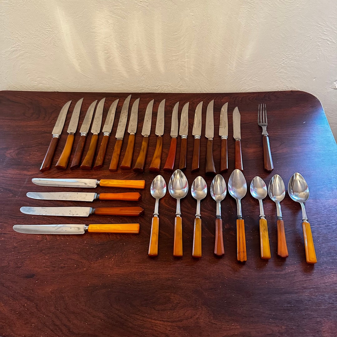 Vintage 1930’s Bakelite Butterscotch Handle Flatware Silverware Mixed ...