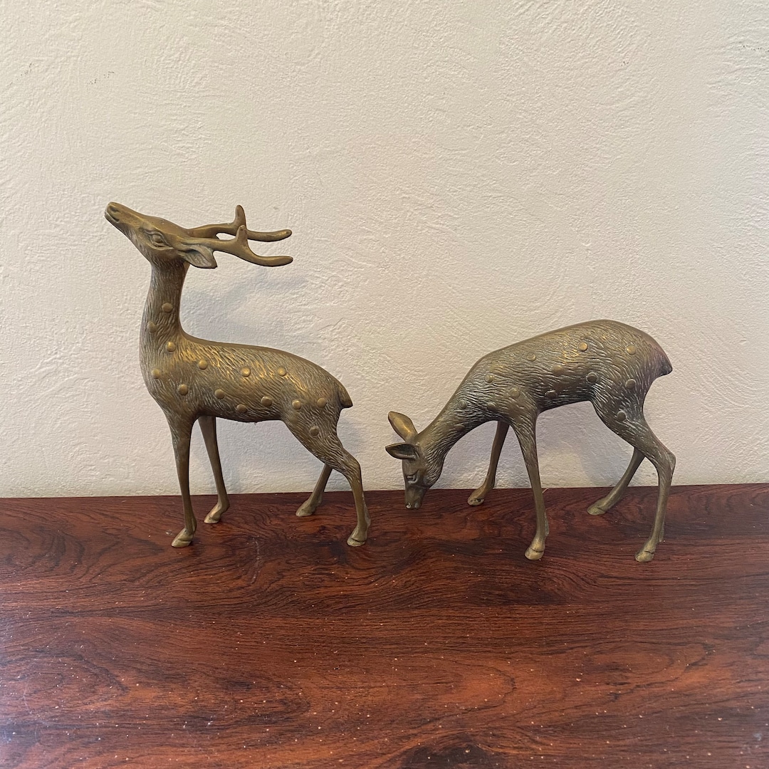 Vintage Pair of Large Solid Brass Deer Buck and Doe Statues 10 and 6.5 ...