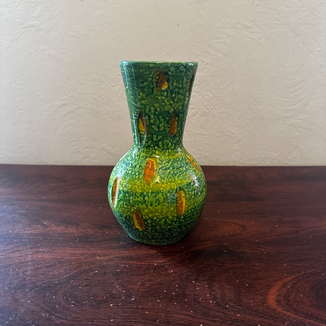 Vintage MCM 7” Italian Pottery Vase Bitossi Style Green, Yellow and ...
