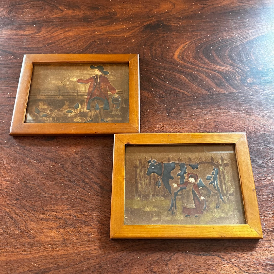 Vintage Pair of 1980’s Folk Artist Jean Henry 6 Inch by 8 Inch Theorem ...