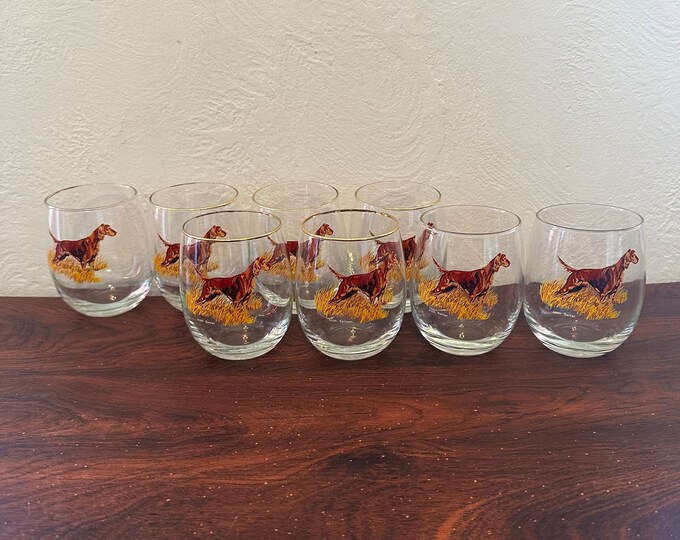 Rare Vintage Set of 8 Irish Setter Design Clear Glass 12 Ounce on the ...