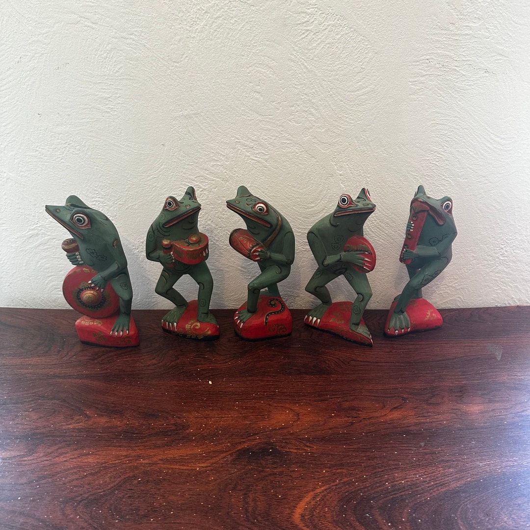 Vintage Set of 5 Wooden Carved Frog Band Frogs Playing Musical ...