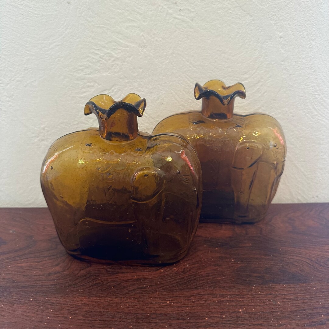 Antique Vintage Pair of Clevenger Bros Blown Glass Amber Glass Embossed ...