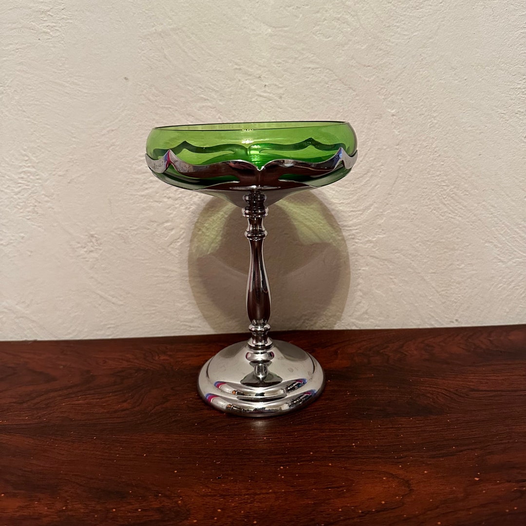 Vintage 1930’s Farber Bros. Green Glass Chrome Stemmed Candy Dish Bob ...