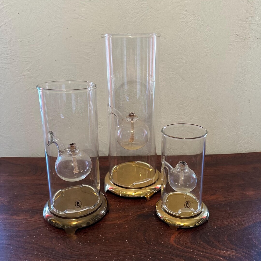 Vintage Set of 3 Wolfard Glassblowing Handblown Clear Glass Oil Lamps W ...