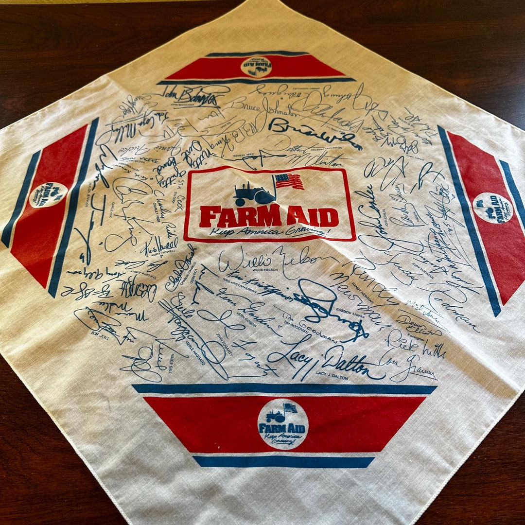 Vintage 1985 Willie Nelson Farm Aid Bandana W/ Signatures FLAW- Stains ...