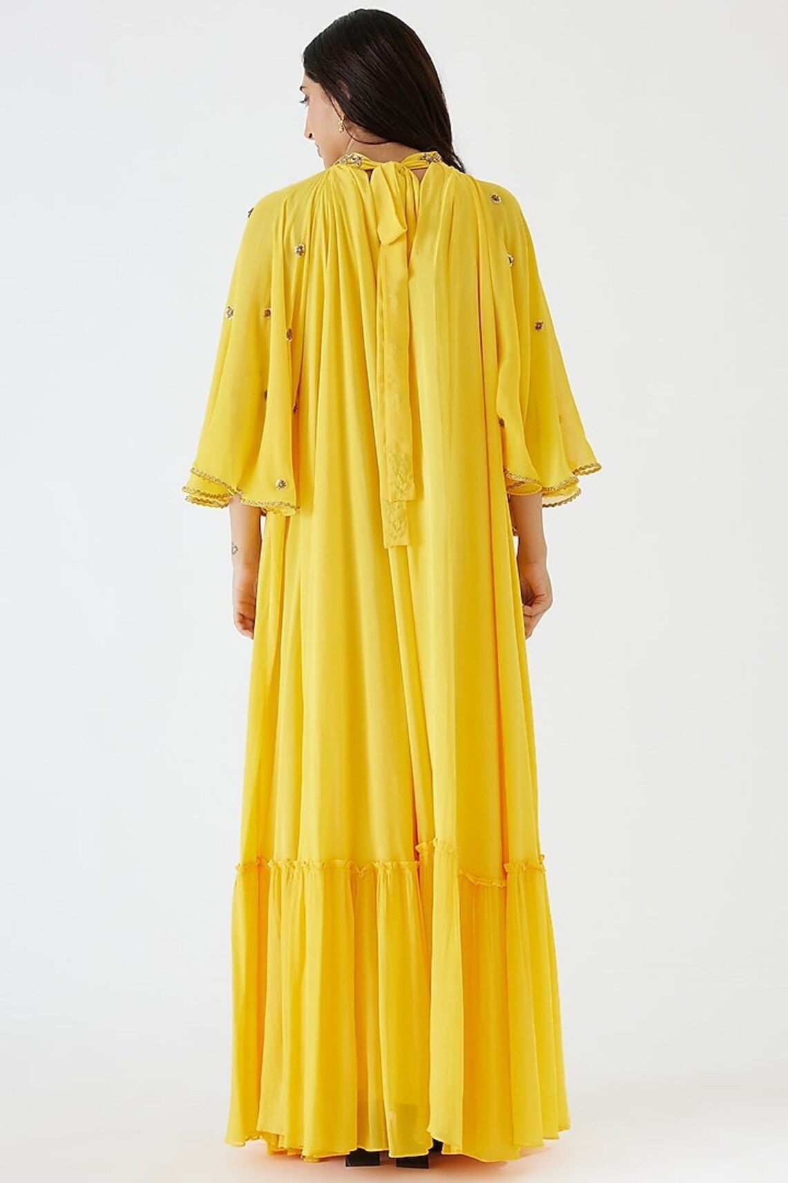 Yellow Embroidered Kalidar Dress Cocktail Wedding Party Handmade Zari ...