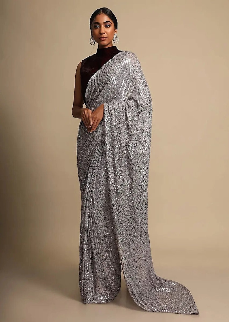 Gray Shimmer Saree Style 1cocktail Wedding Party Handmade Zari ...