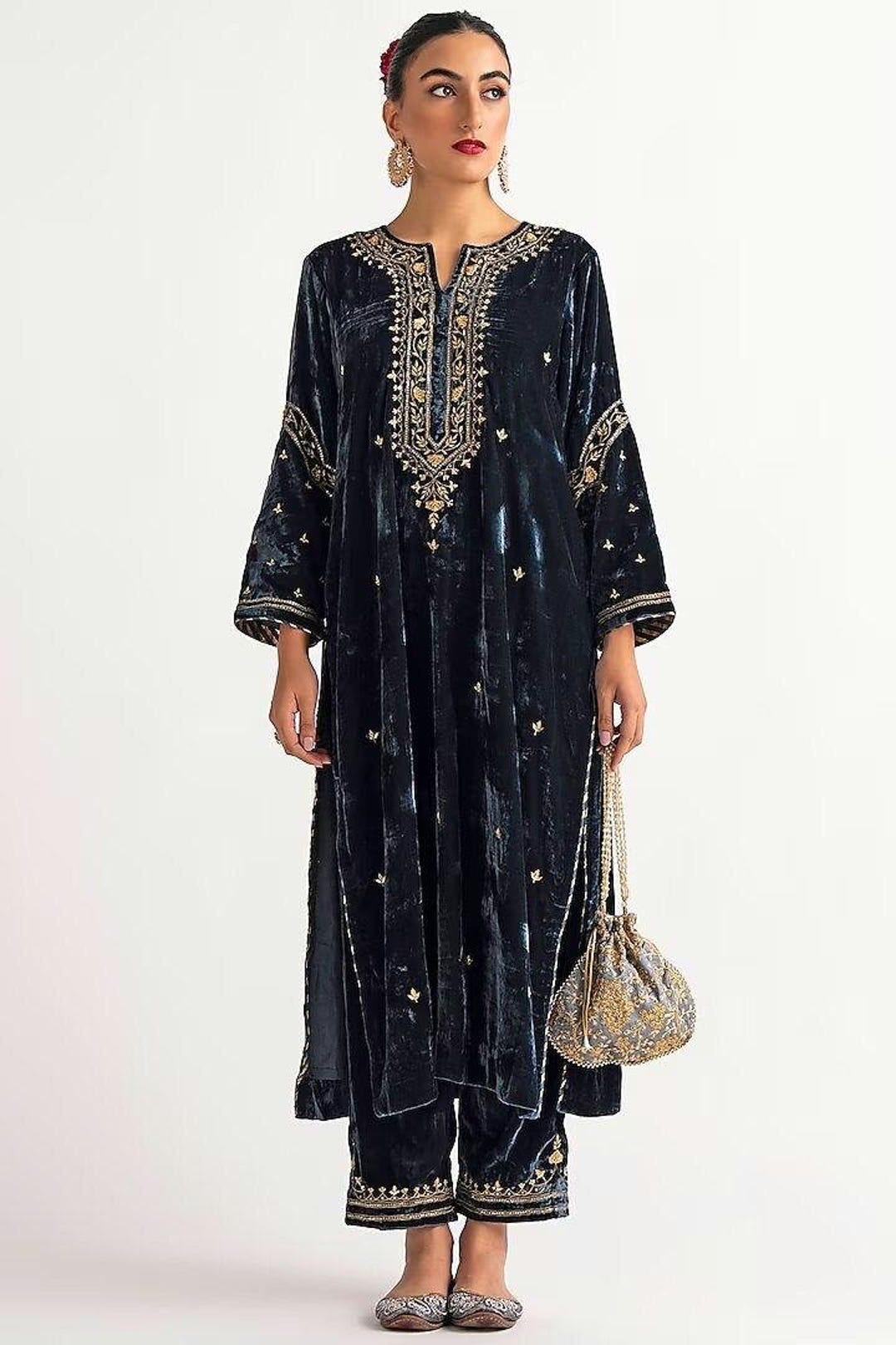 Featuring a Deep Blue Kurta in Velvet Base With Hand Embroidery. It is ...