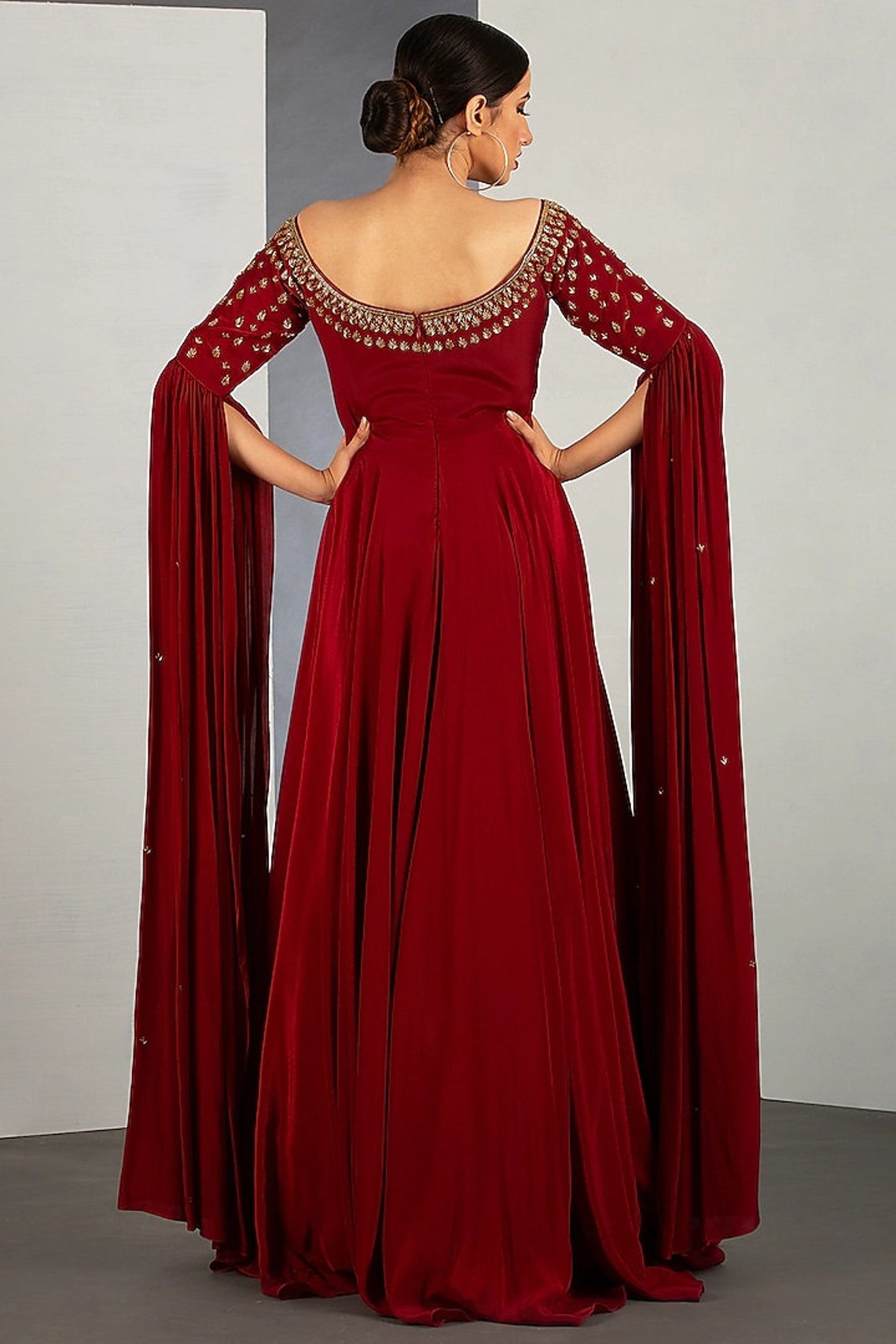 Ruby Red Flared Gown--cocktail Wedding Party Handmade Zari Embroidery ...