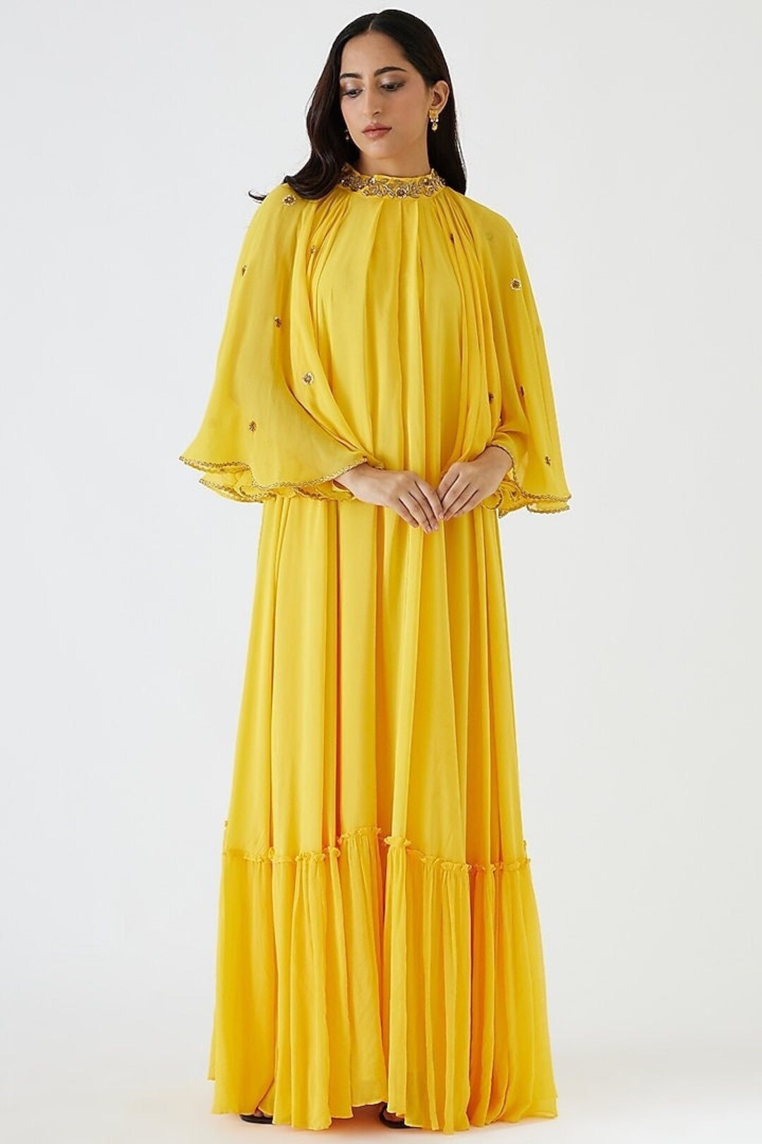 Yellow Embroidered Kalidar Dress Cocktail Wedding Party Handmade Zari ...