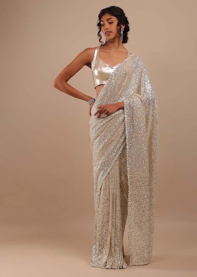 Silver Shimmer Saree Style 7-cocktail Wedding Party Handmade Zari ...