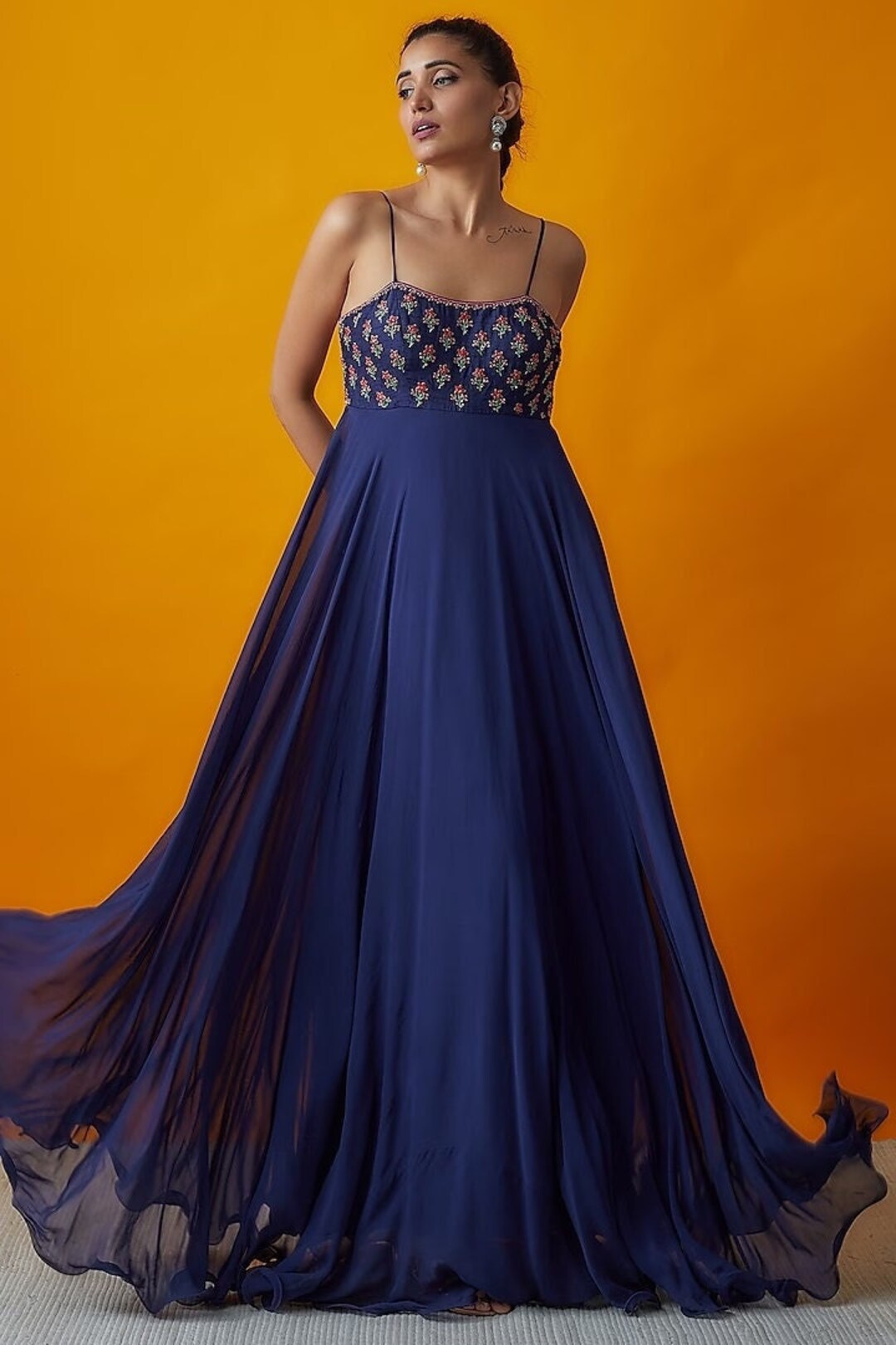 Featuring a Navy Blue Strappy Dress in Georgette Base With Floral Boota ...