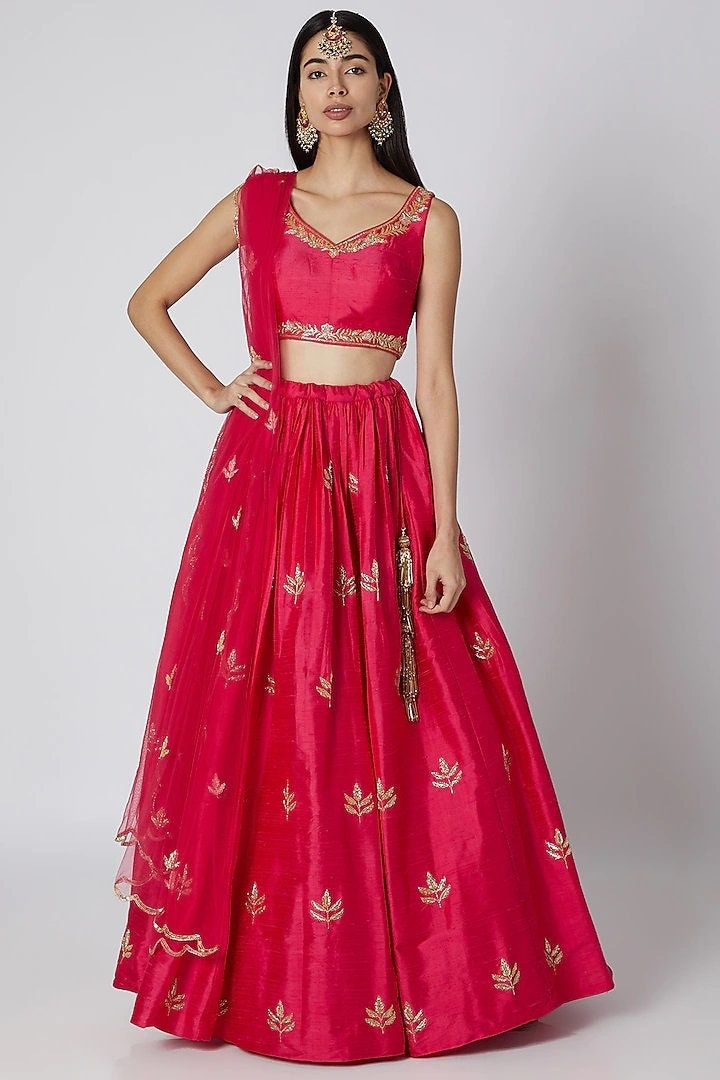 Fuchsia Pink Zardosi Embroidered Lehenga Set Cocktail Wedding Handmade ...