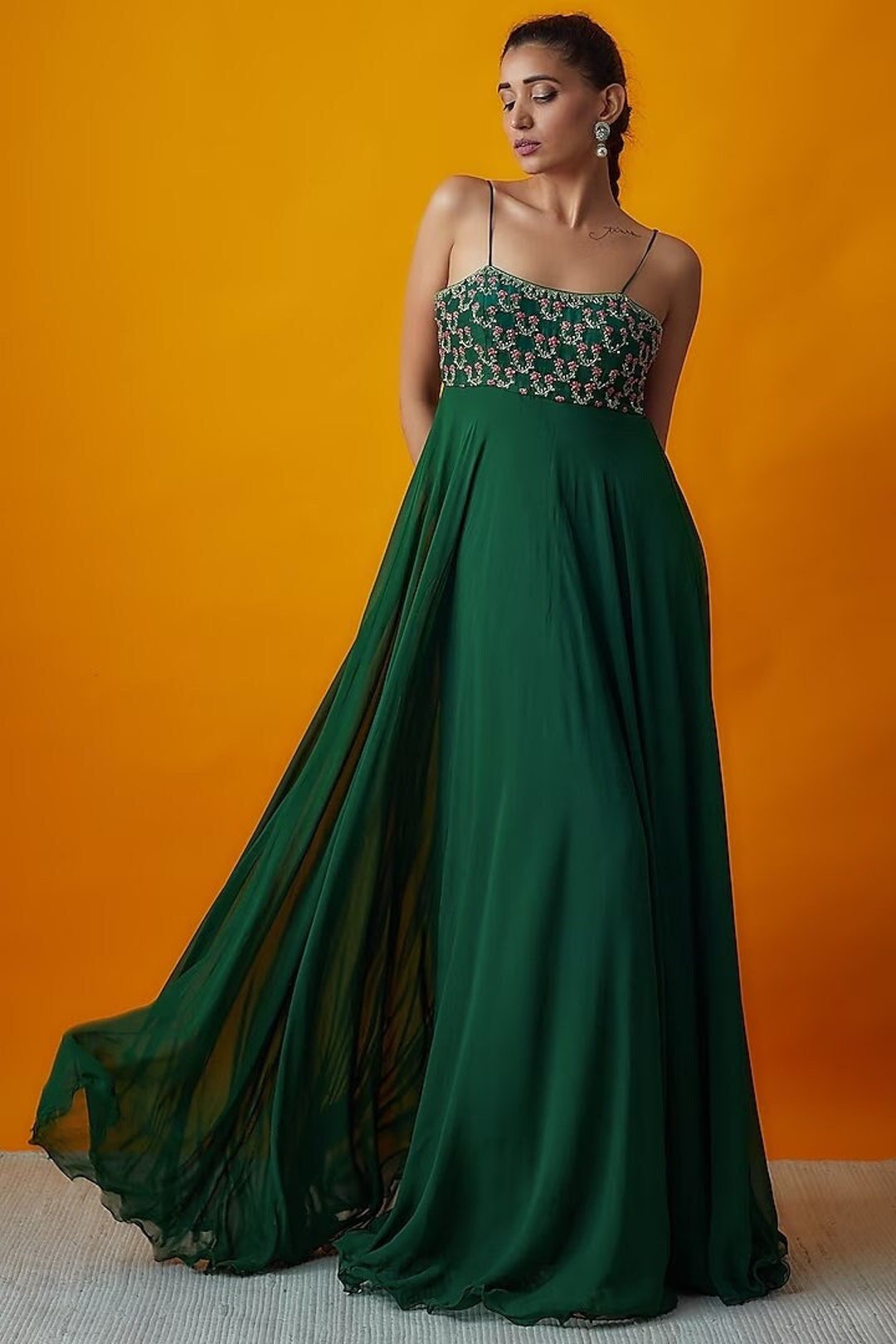 Featuring a Bottle Green Strappy Dress in Georgette Base With Floral ...