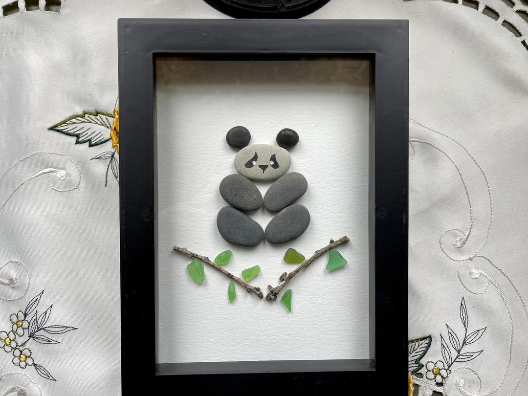 Sea Glass Pebble Art, Pebble Art Panda Bear, Gift for Animal Lover ...