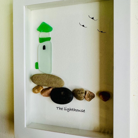 Lighthouse Pebble Art Framed Seaside Print Oystercatcher And