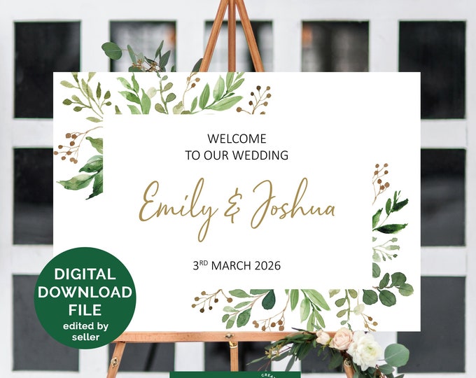 Garden Wedding Welcome Sign Printable, Greenery Welcome Wedding Signs ...