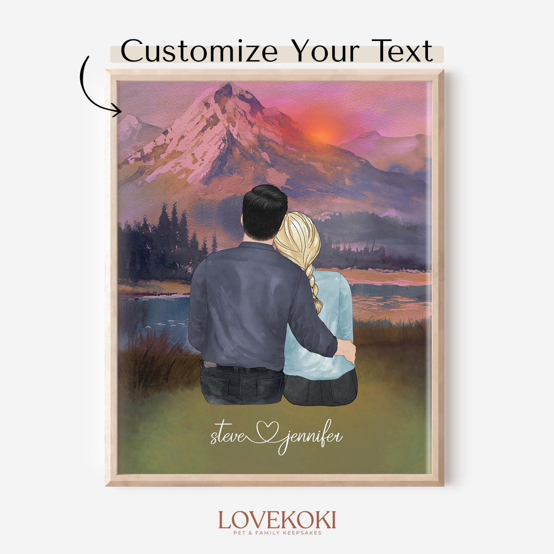 Personalized Couple Portrait at Sunset Watercolor Drawing, Custom ...