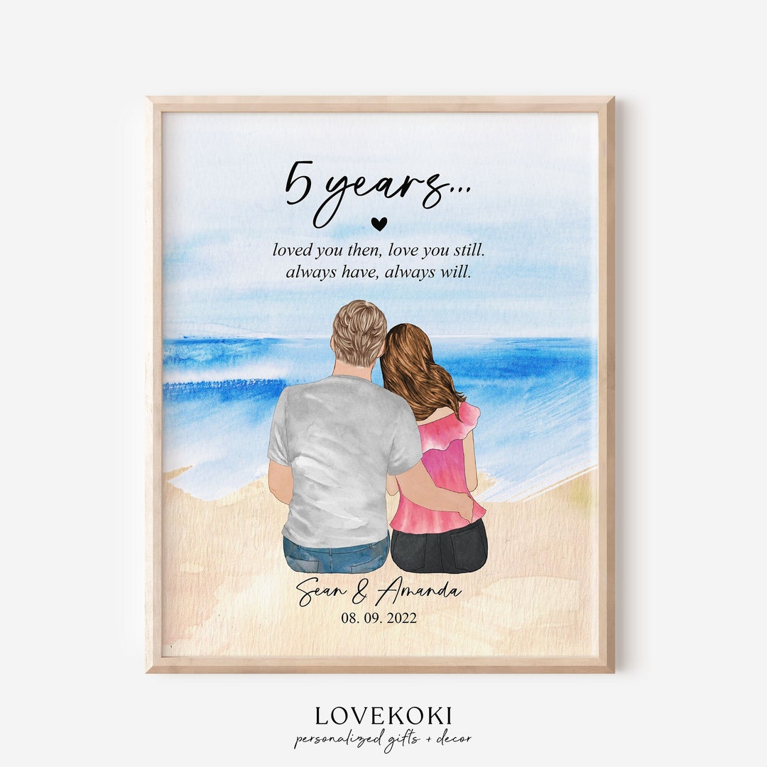 5th Anniversary Gift Custom Couple Portrait Illustration Drawing, Fifth ...