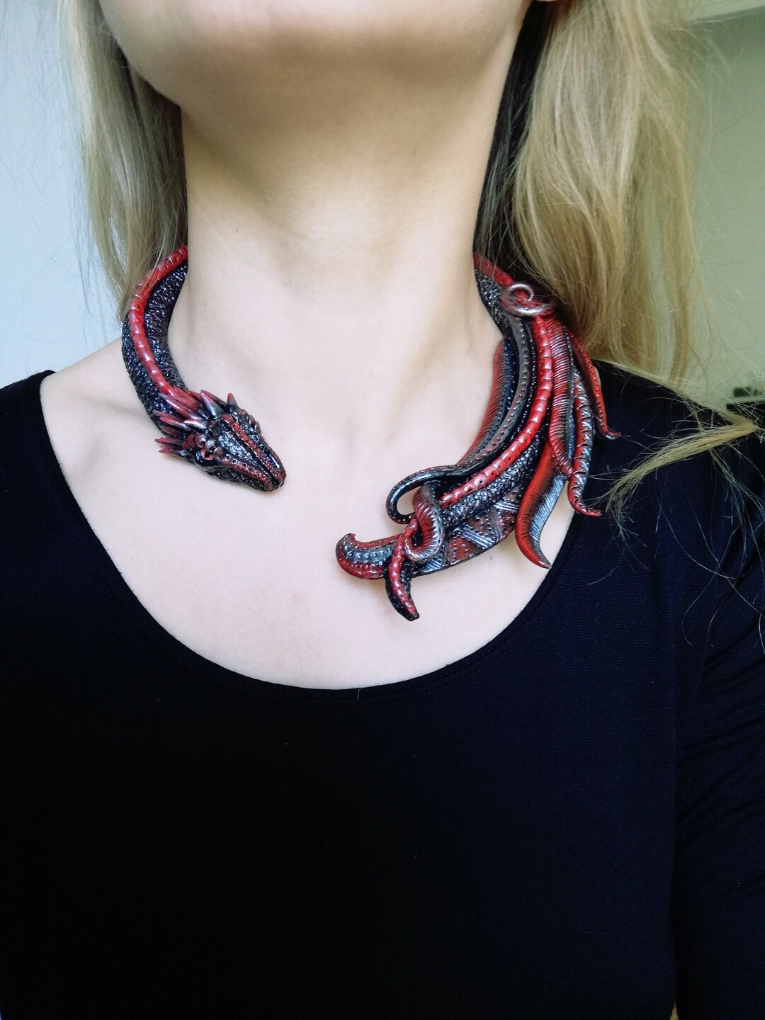 Black, Silver and Red Dragon Choker Necklace / Black, Silver, Red ...