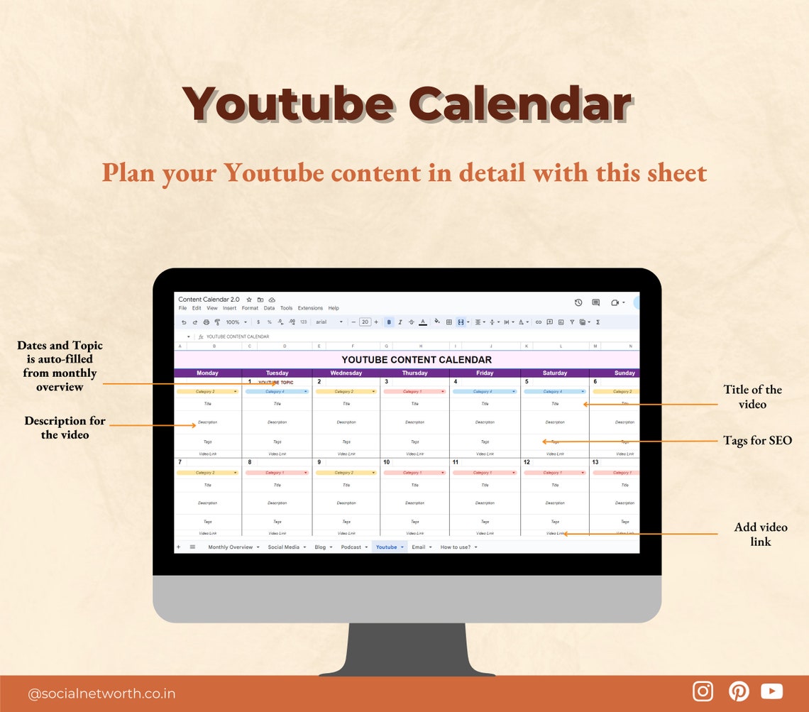 Content Calendar Template Social Media Content Planner Podcast, Youtube ...
