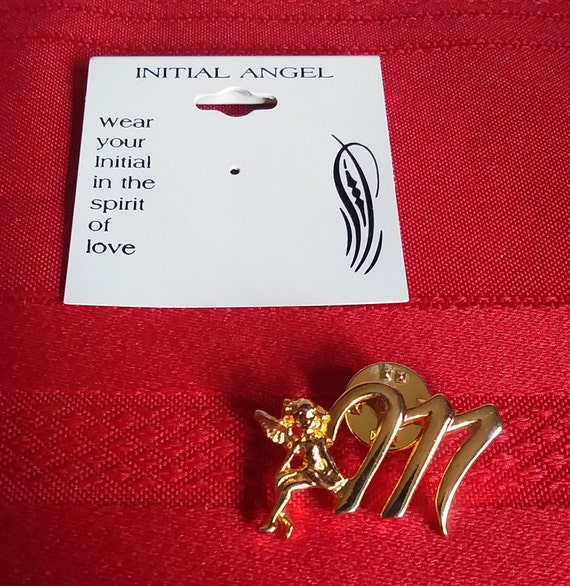 Initial angel pin gold tone letter m with gold tone a… - Gem