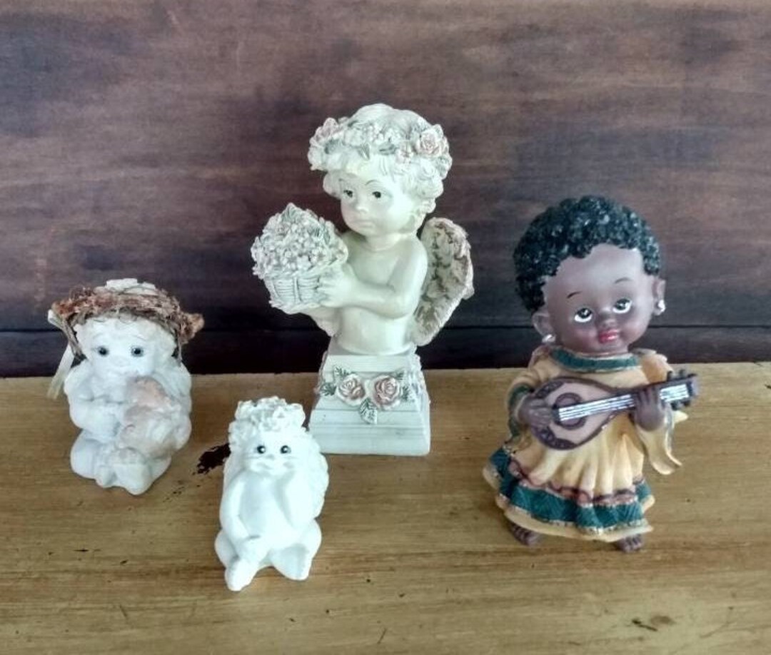 4 Angel Figurines Cherub Cupid Musical Instrument Flowers Bunny With ...