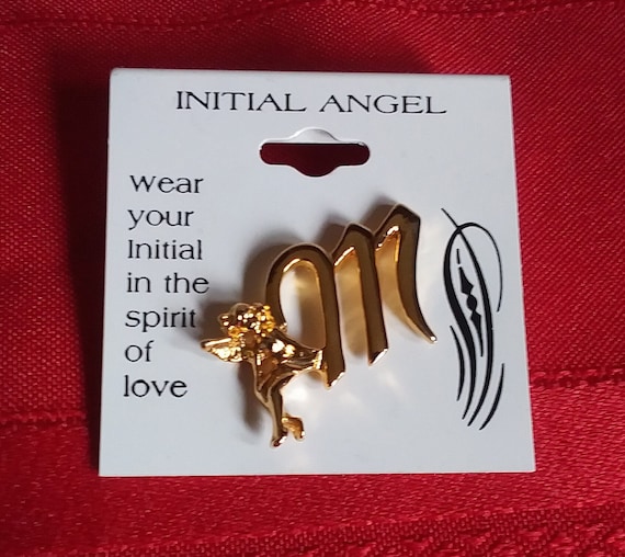 Initial angel pin gold tone letter m with gold tone a… - Gem
