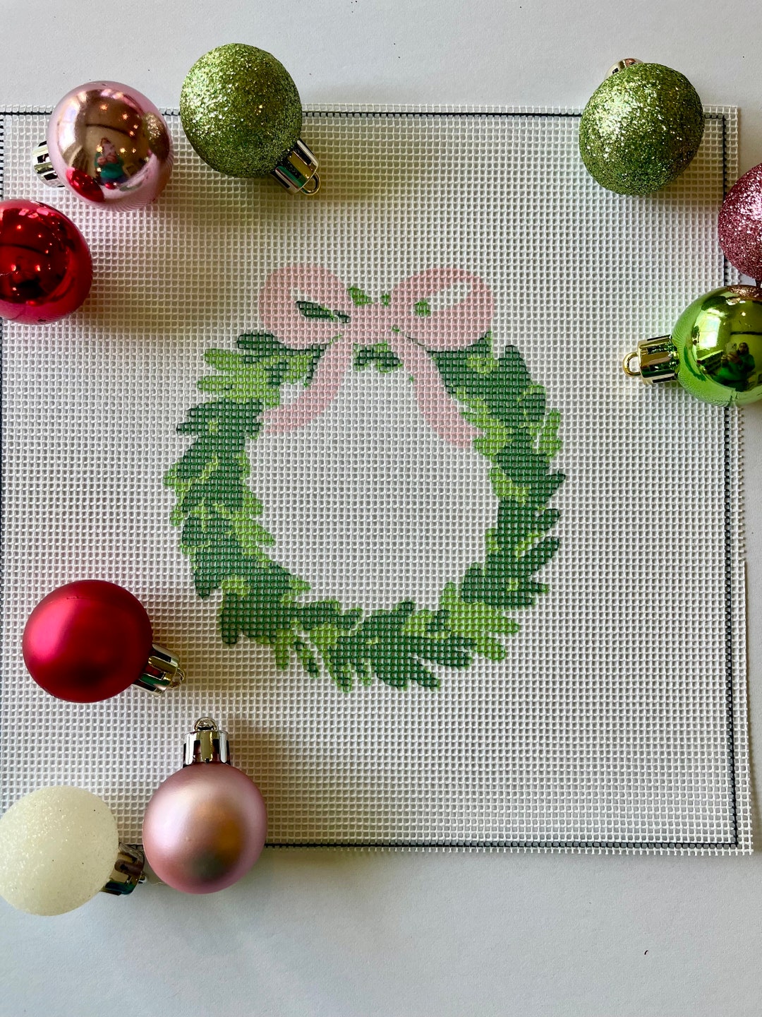 Christmas Wreath With Pink Bow Needlepoint Canvas - Etsy