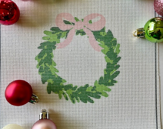 Christmas Wreath With Pink Bow Needlepoint Canvas - Etsy