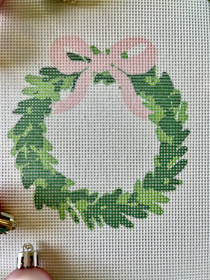Christmas Wreath With Pink Bow Needlepoint Canvas - Etsy