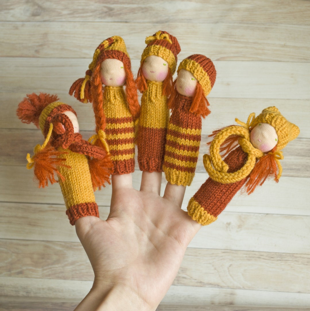 Set of Five Waldorf Style Finger Dolls Fall Colors Finger Dolls Knitted ...