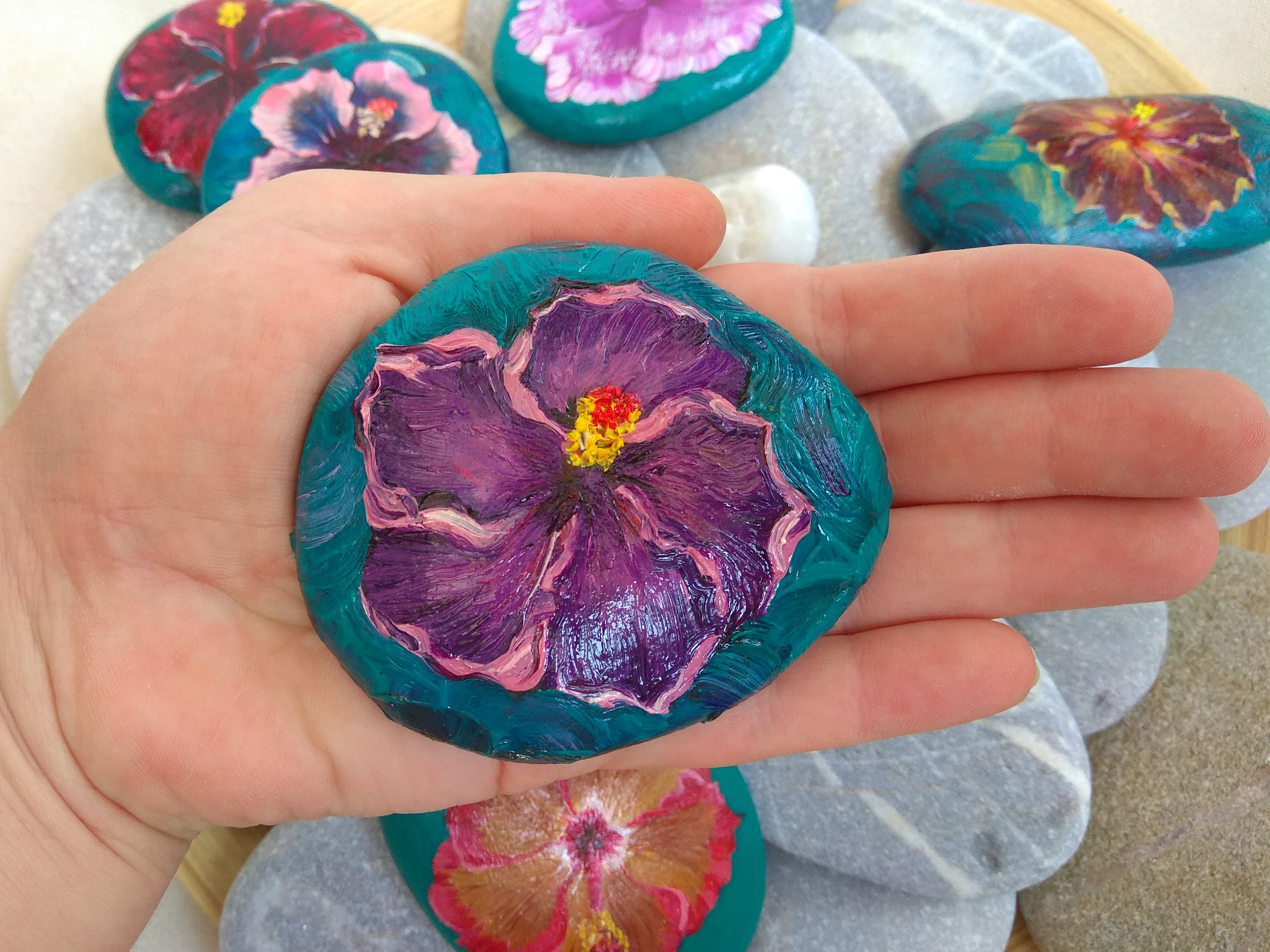 Painted rocks with purple flower painted rocks with hibiscus | Etsy