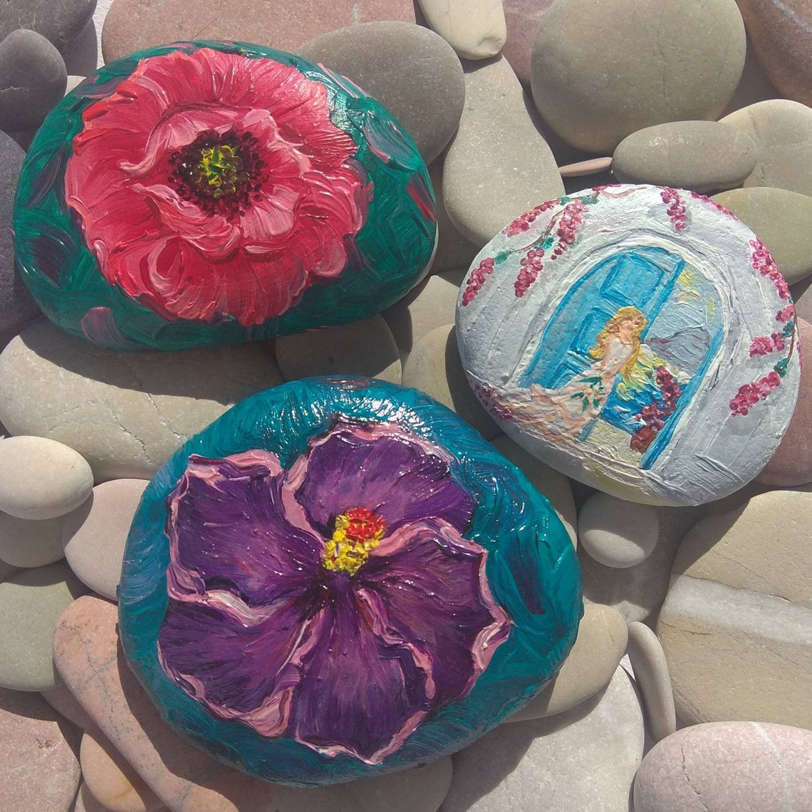 Painted rocks with purple flower painted rocks with hibiscus | Etsy