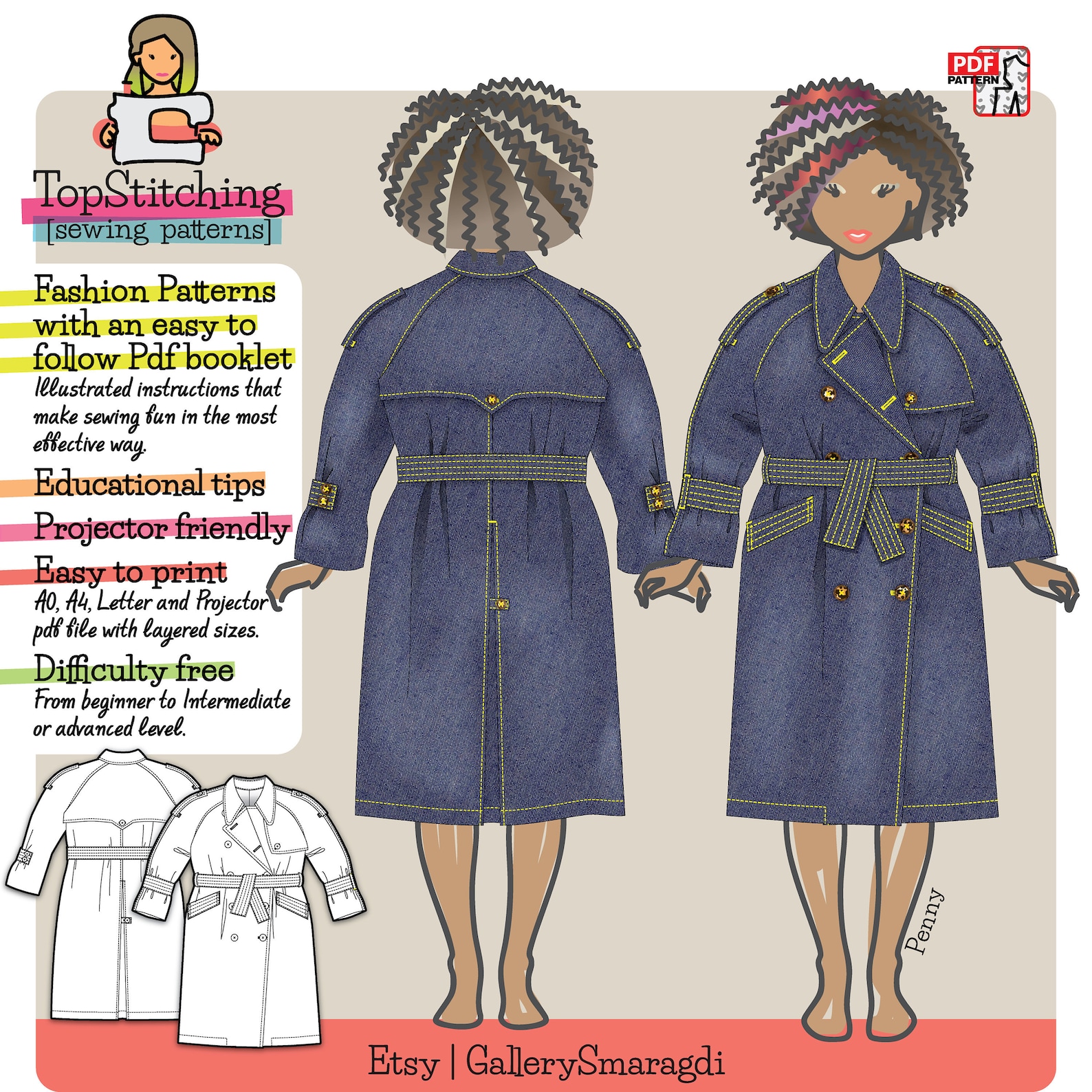 Trench Coat Sewing Pattern Penny, Projector Friendly PDF Sewing Pattern ...